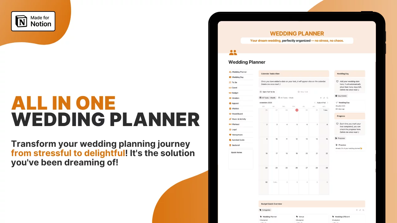 All In One Wedding Planner Notion Template & Honeymoon Planner - Personal Template